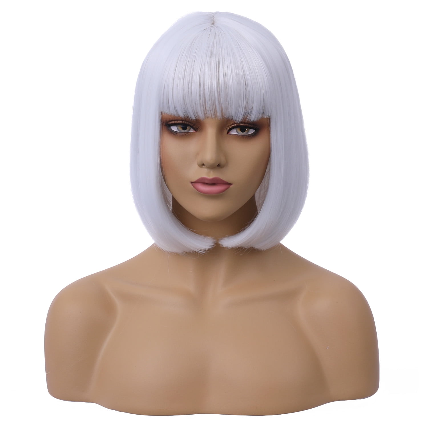BERON White Short Wigs Straight Bob Hair Wigs with Bangs for Women ...