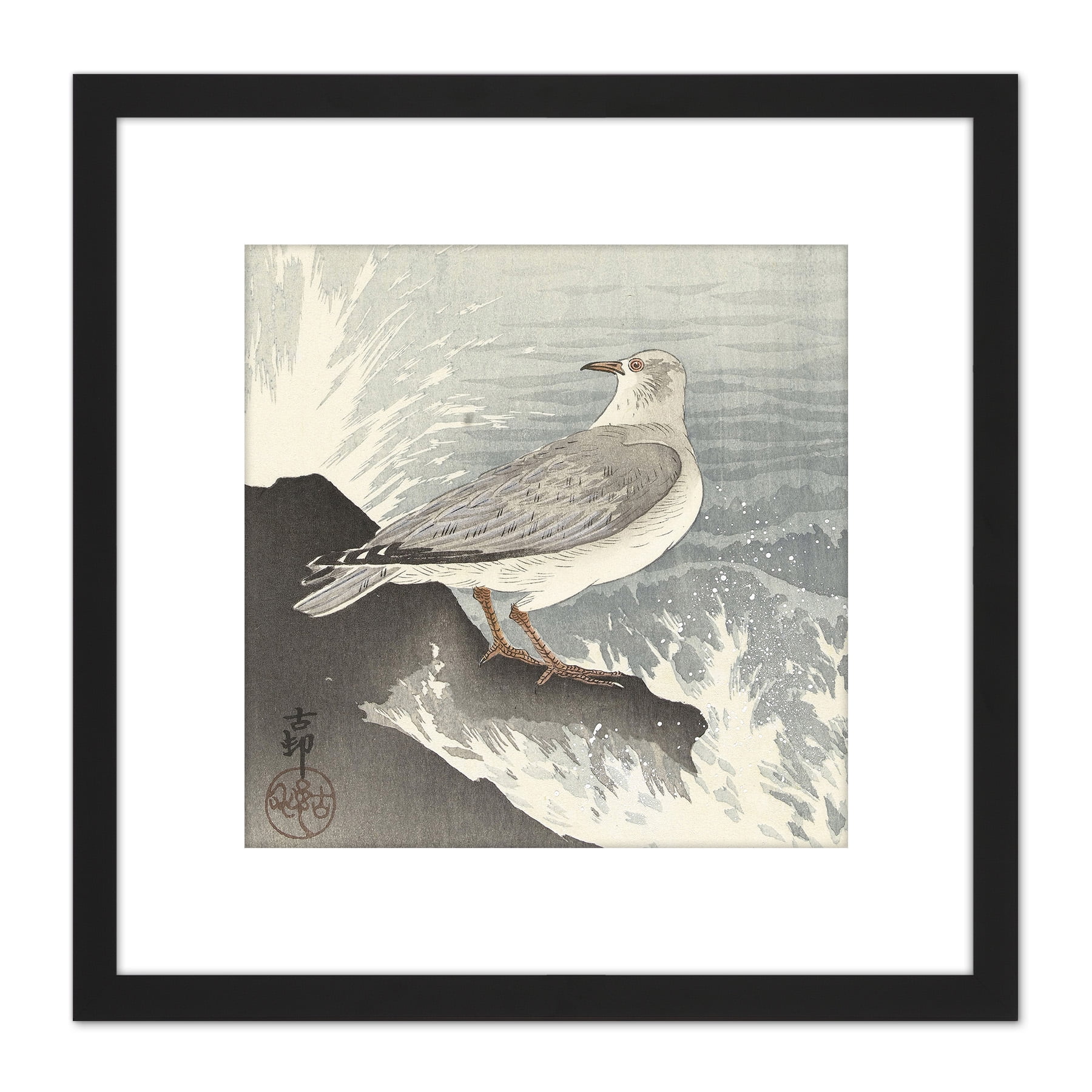 Ohara Koson Seagull On Rock Japanese Painting 8X8 Inch Square Wooden ...