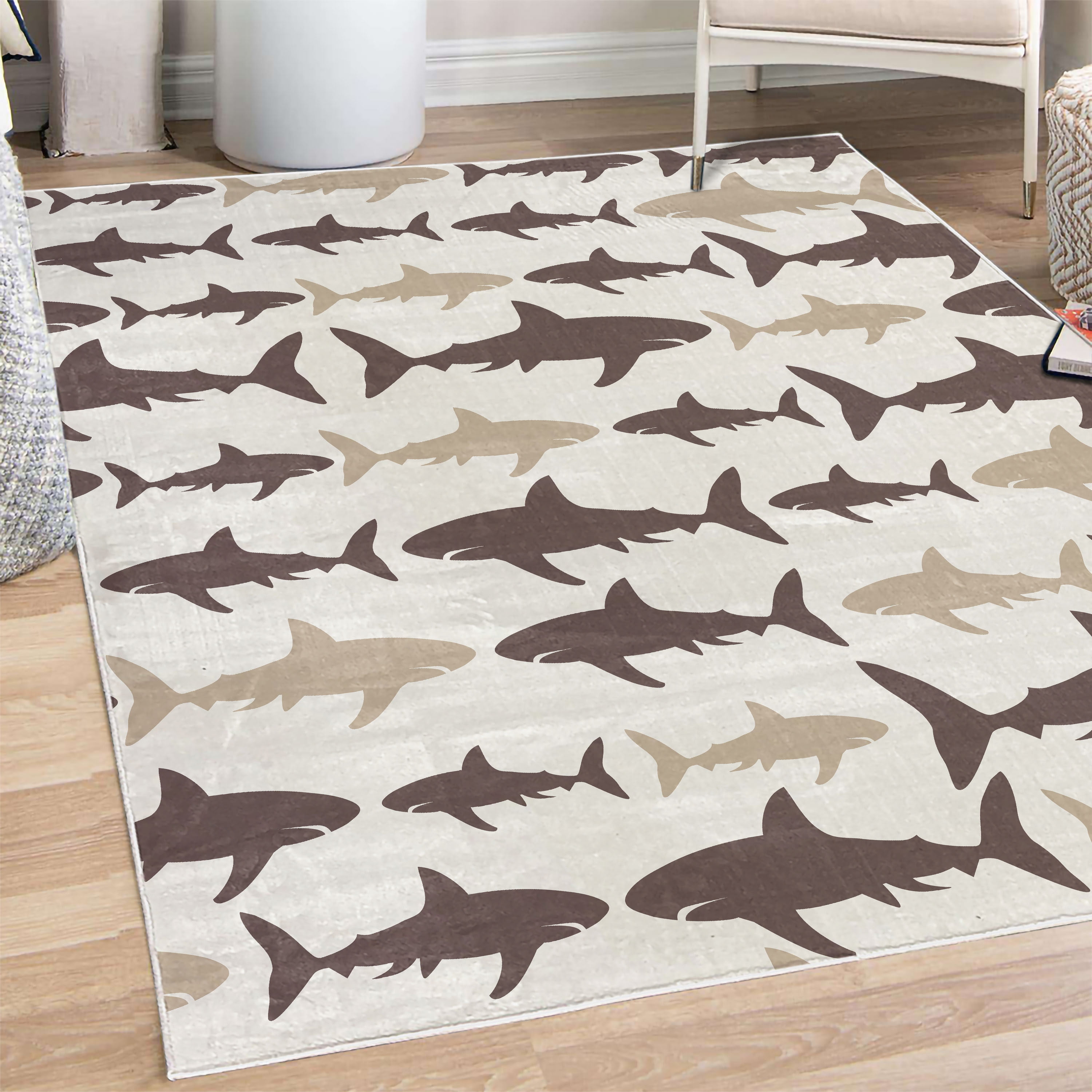Sea Animals Decorative Rug, Monochrome Shark Illustration Fashion ...
