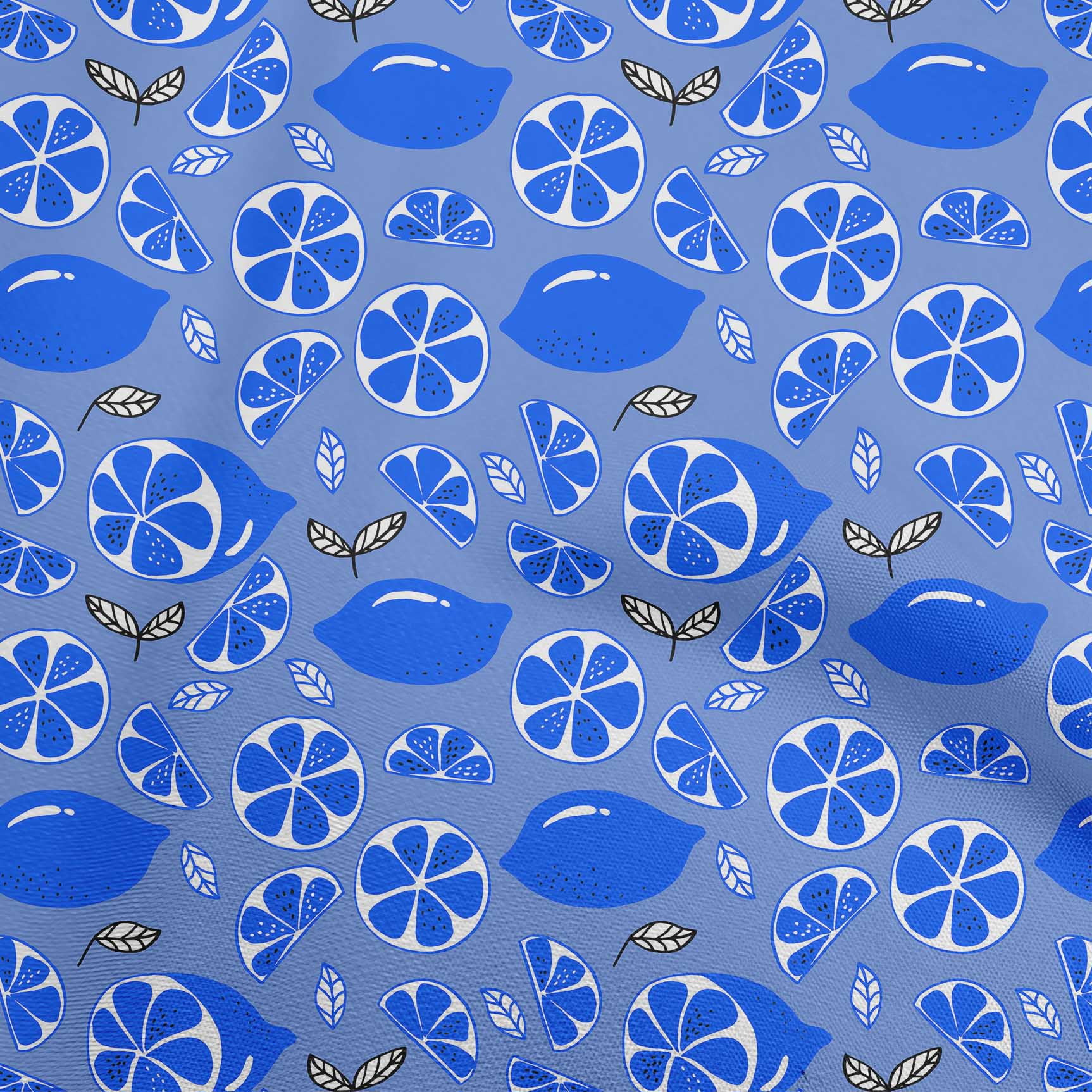 oneOone Cotton Silk Medium Blue Fabric Fruits Lemon Sewing Material ...