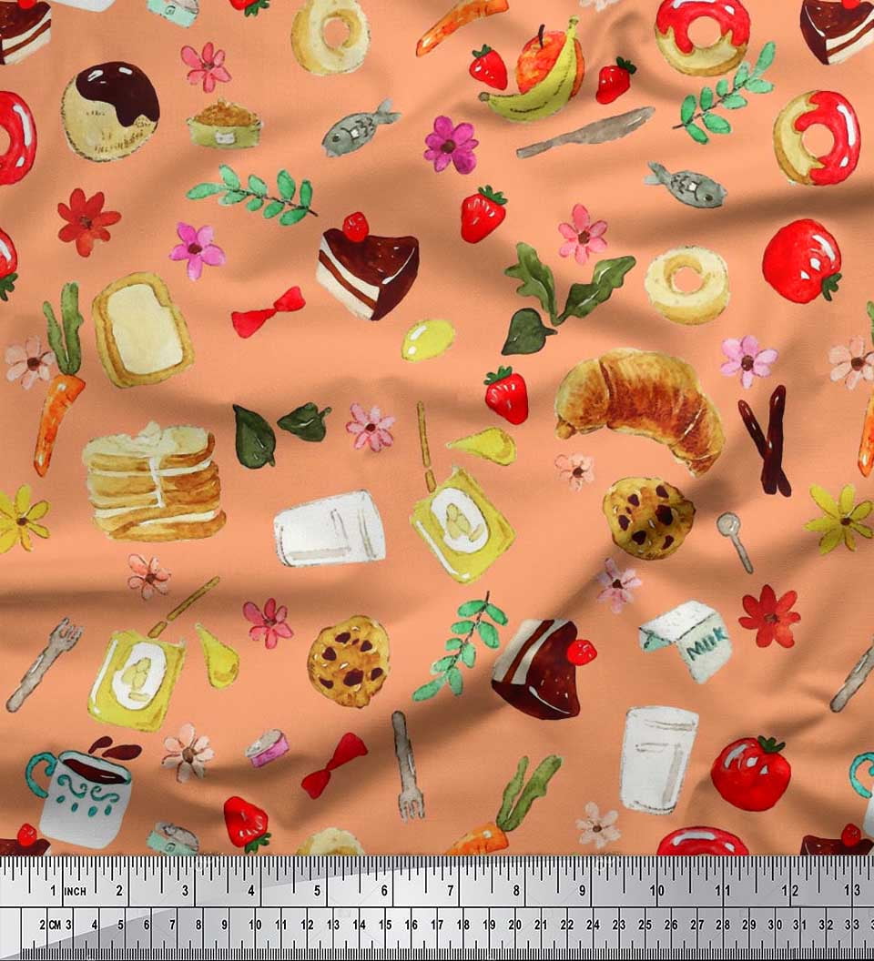 Soimoi Crepe Silk Fabric Fruits,Bread & Donut Food Print Fabric by The ...
