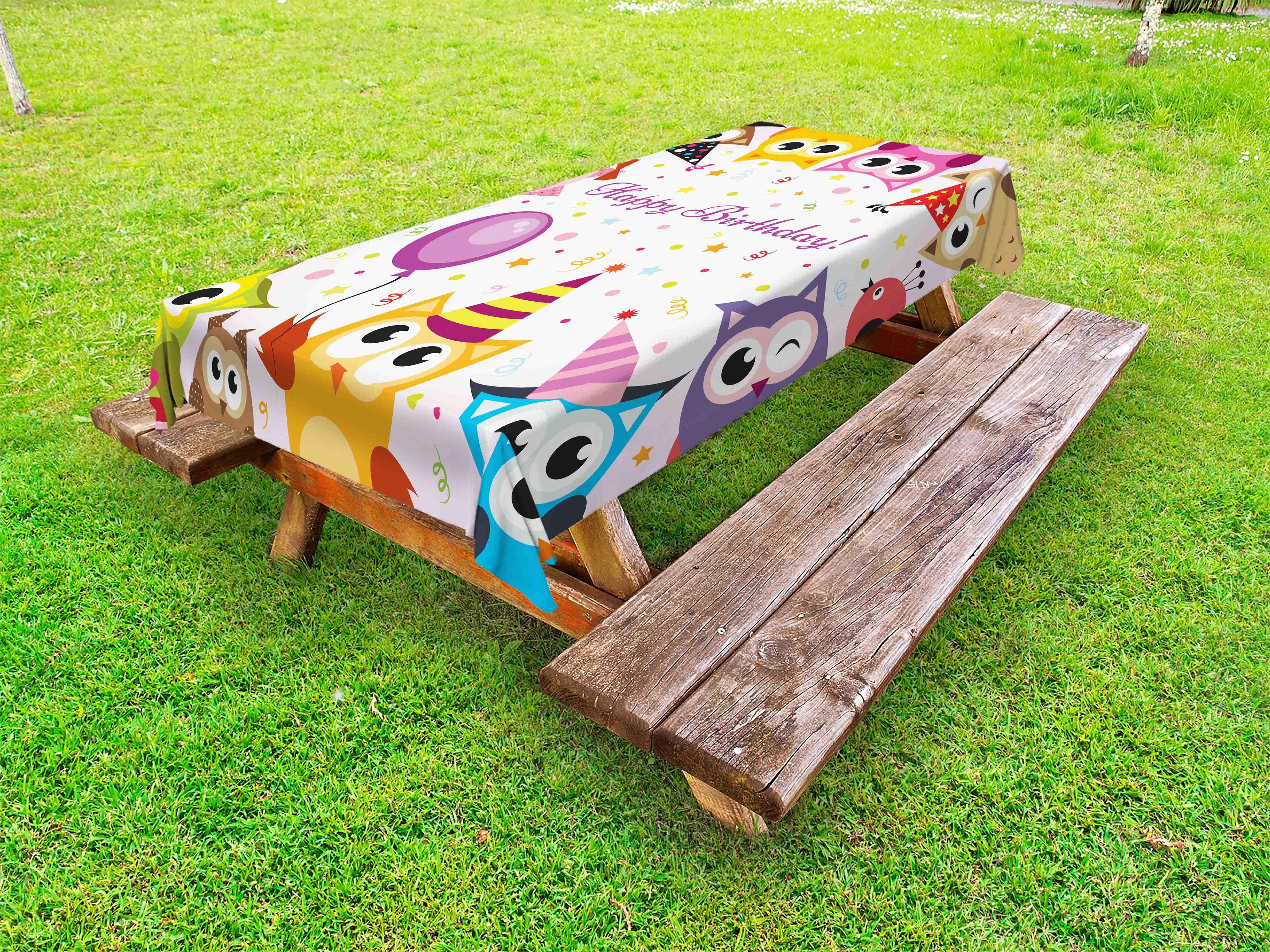 Kids Birthday Outdoor Tablecloth, Birthday Party Owl Family with ...