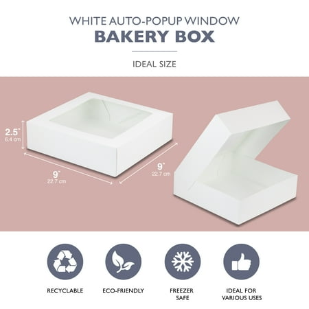 [25 Pack] 9x9x2.5 Bakery Box with Window - Square White Pie Boxes with ...