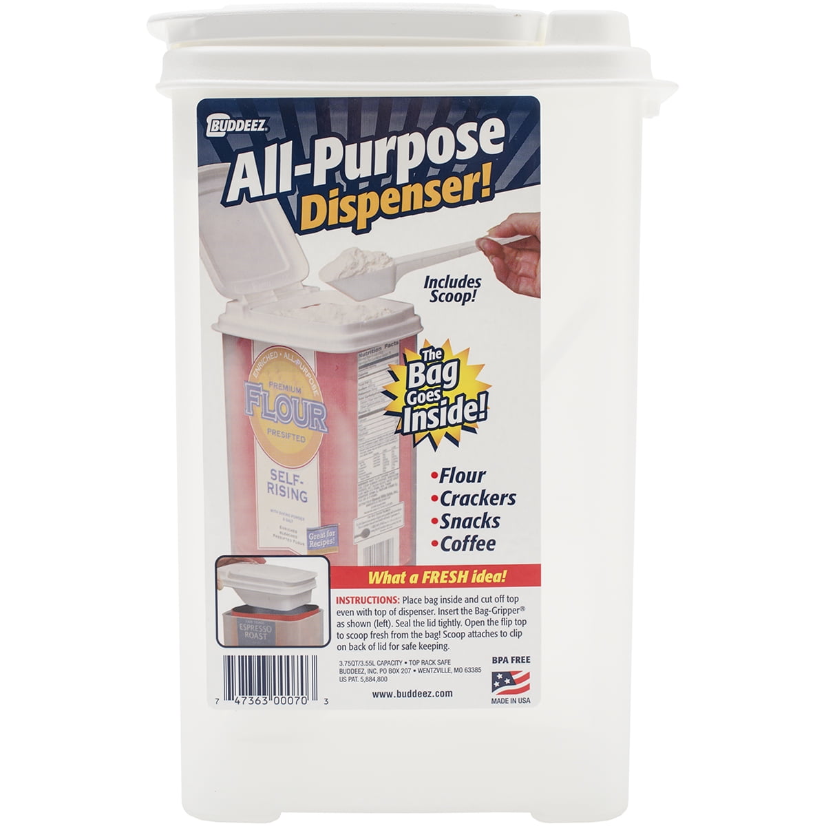 Buddeez 3.25qt Bag-In Flour Dispenser with Scoop, 10" x 6.75" x 5 ...