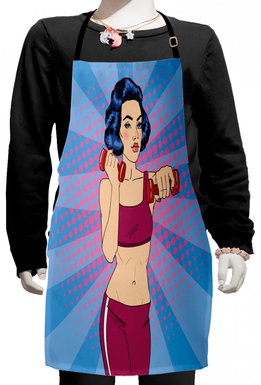 Fitness Kids Apron, Pop Art Woman Doing Exercises with Dumbbells ...