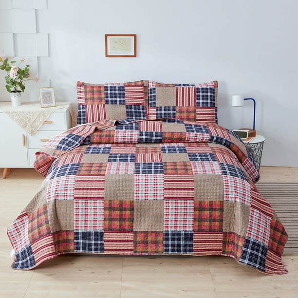 Jessy Home Plaid Quilt Queen Red White Patchwork Bedding Microfiber ...
