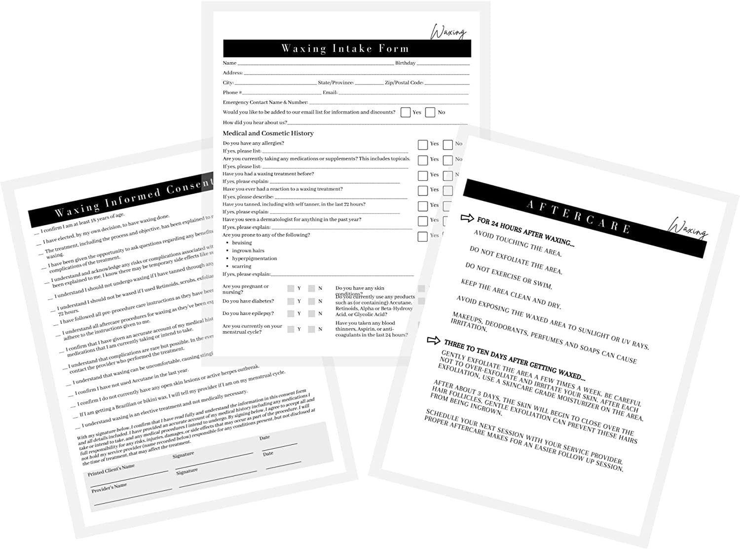 Waxing Consent, Intake and Aftercare Forms 75 Pack 8.5 x 11" A1 Forms ...
