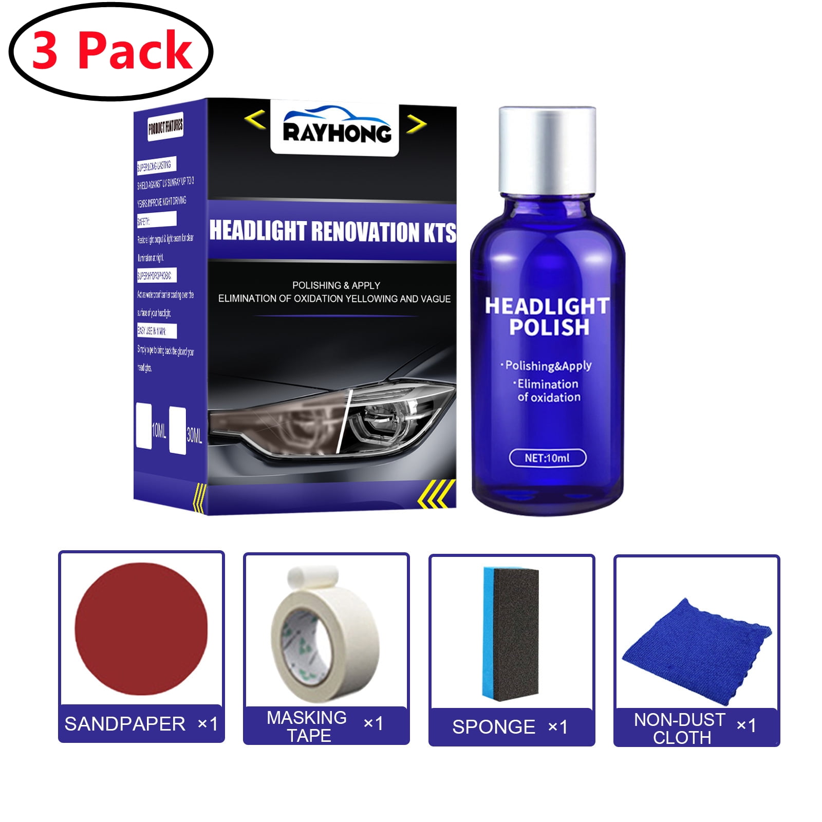 3 Pack Car Headlight Repair Agent Wipe New Headlight Restore Taillight Repair Kit With Lens