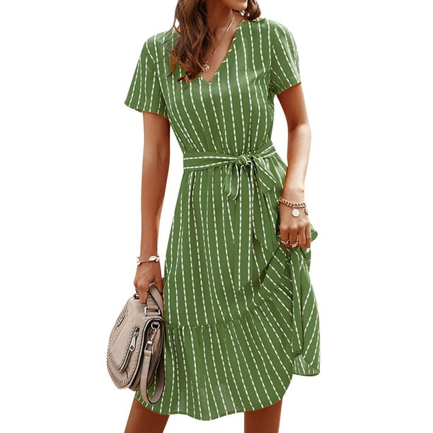 Hubery Women Stripe Print V Neck Short Sleeve Tie Waist Ruching Midi