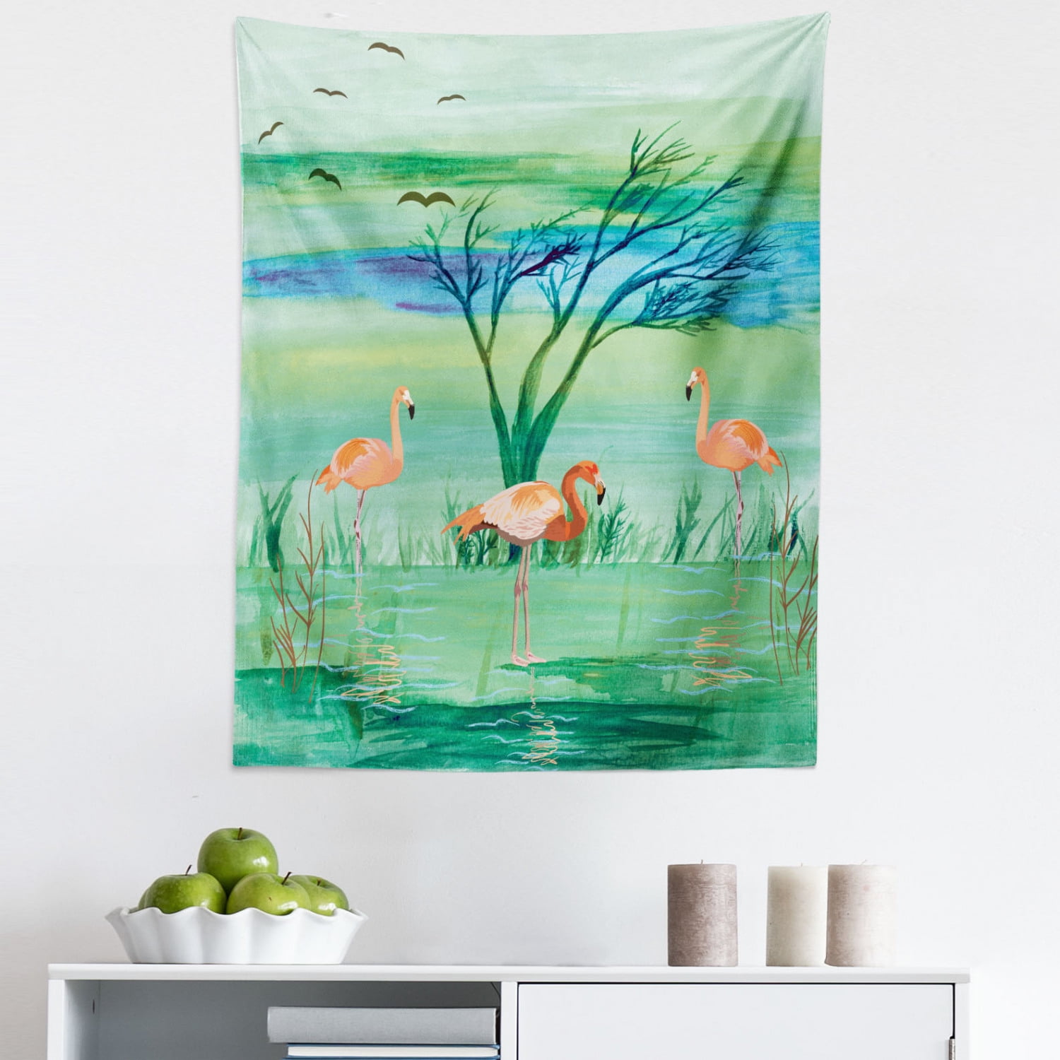 Flamingo Tapestry, Image with Exotic Birds on Nature Landscape ...