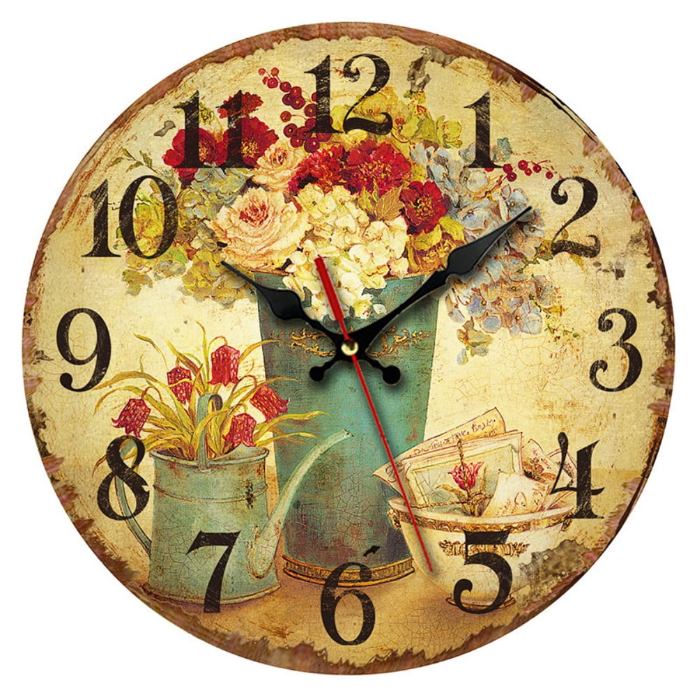 IMMEKEY Vintage Rustic Wall Clock, Silent Wooden Dial Flower Timer ...