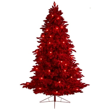 Nearly Natural Prelit 500 Incandescent Red Flocked Fraser Fir ...