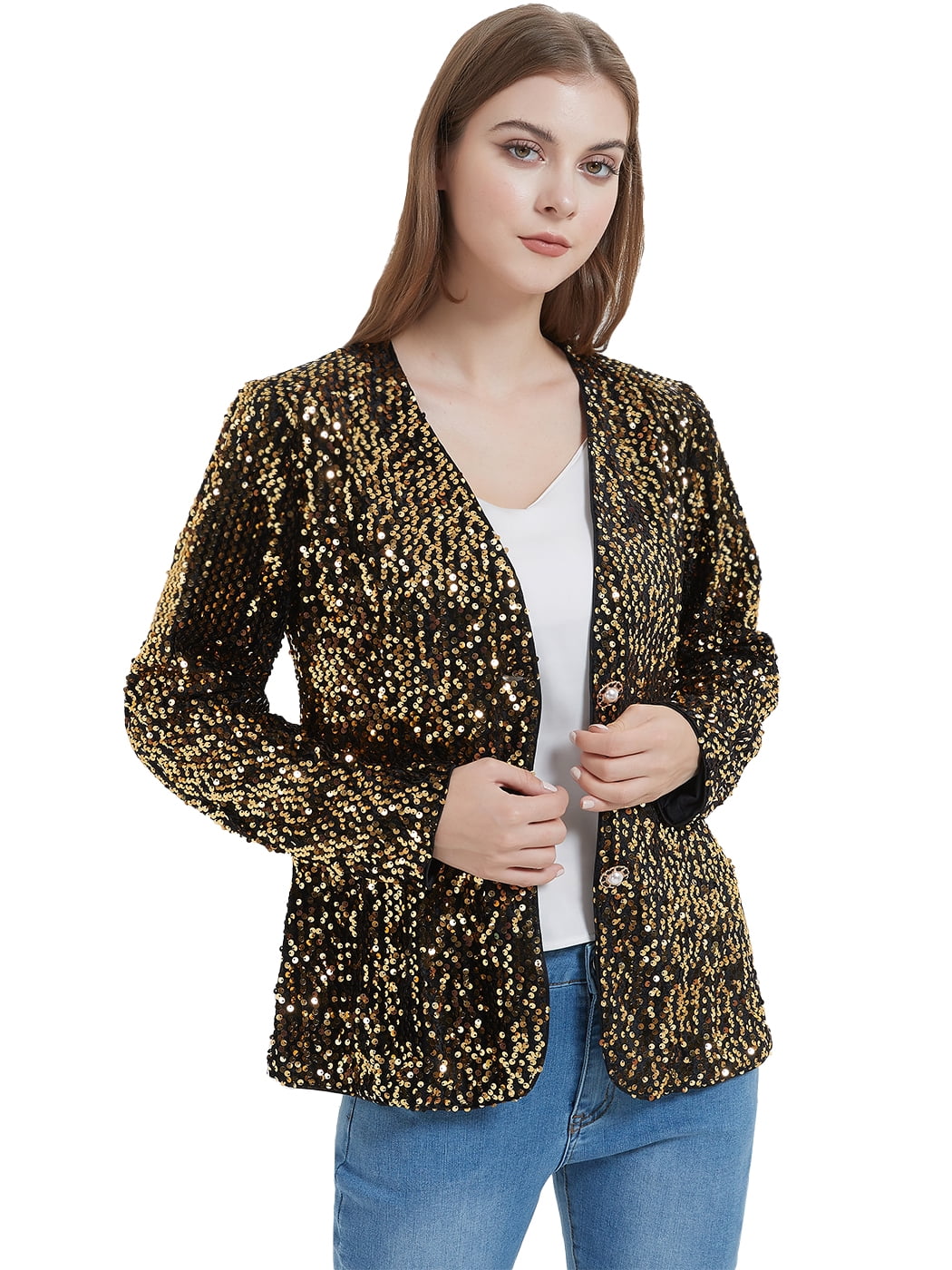 Women's Casual Sparkle Sequins Blazer Jacket Party Wedding Open Front ...