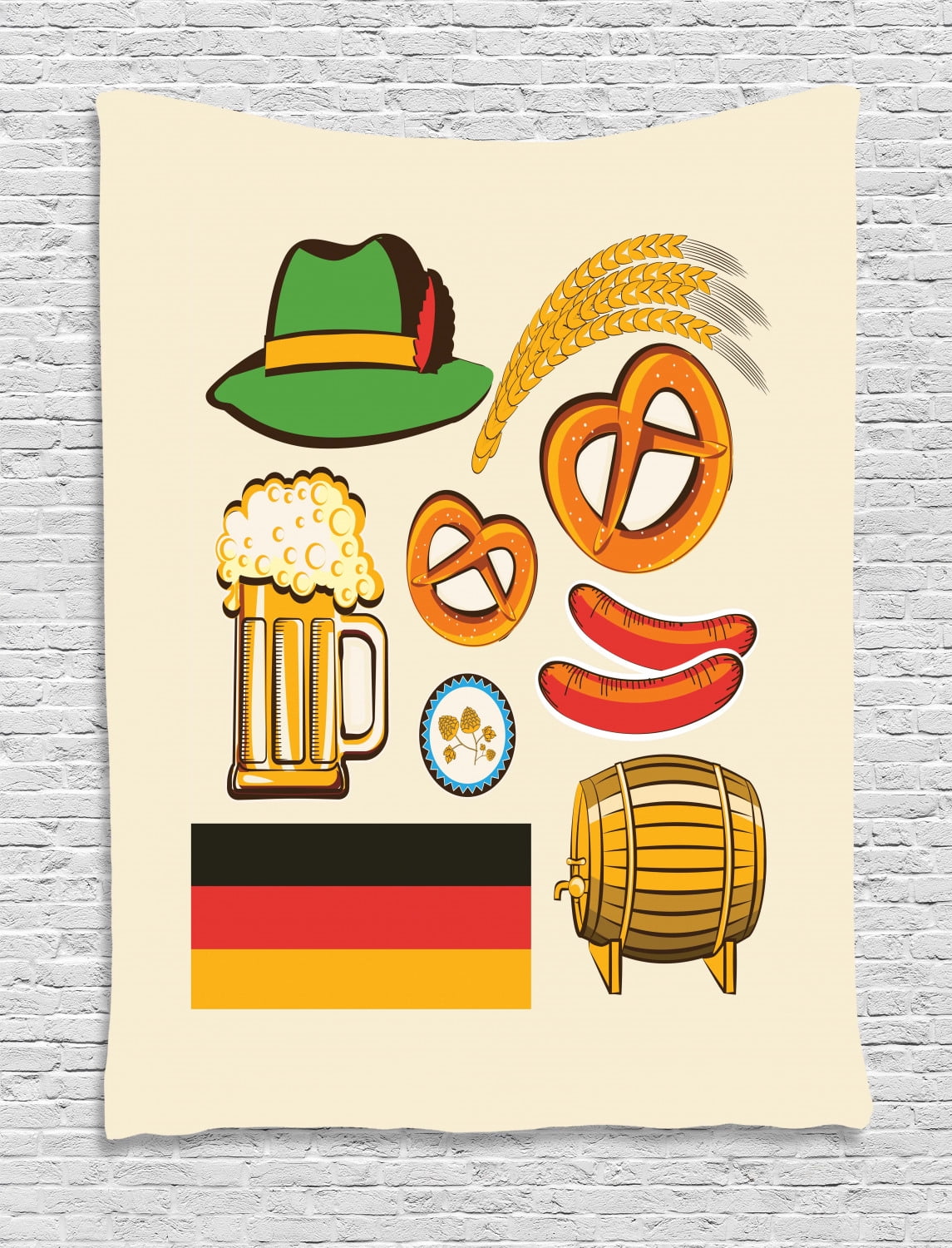 German Tapestry, Oktoberfest Symbols Wheat Sausage Beer and Pretzels ...