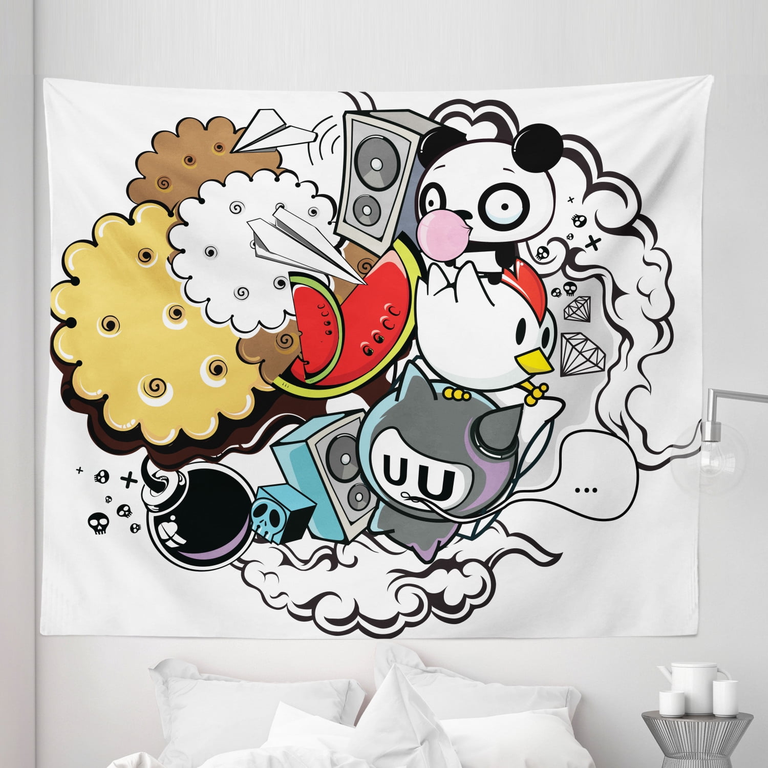 Indie Tapestry, Animal and Food Themed Composition Crazy Doodle Panda ...