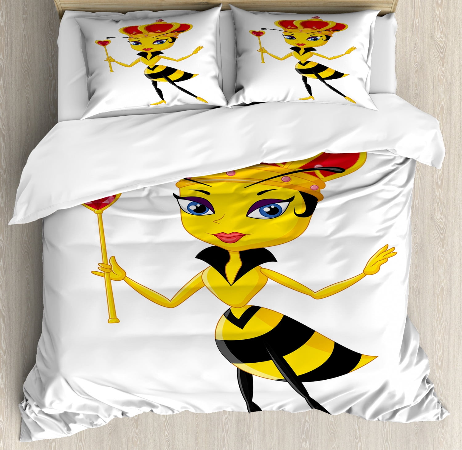 Queen Bee King Size Duvet Cover Set, Cartoon Style Bee with Crown and ...