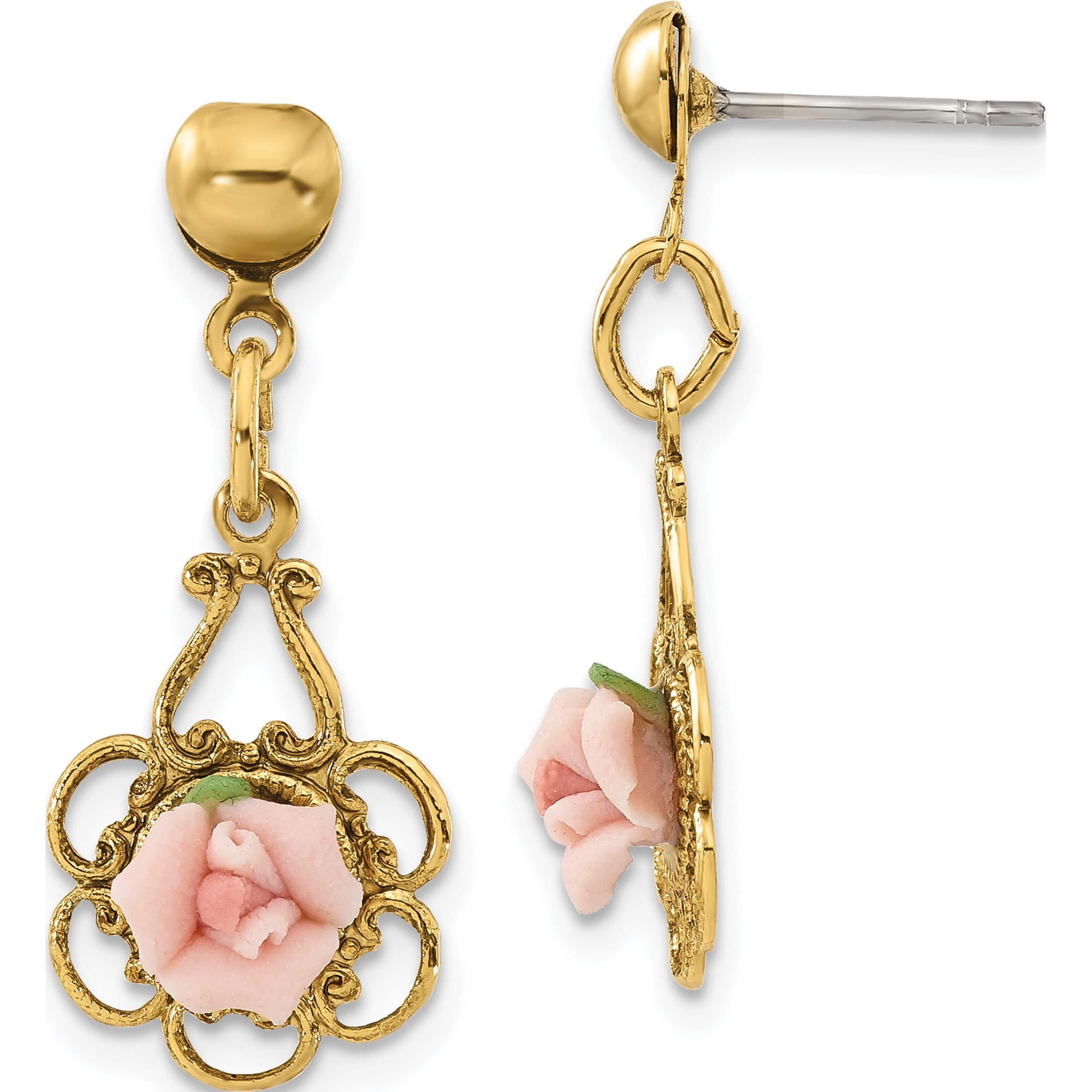 Gold-tone Pink Porcelain Rose Filigree Post Dangle Earrings - Walmart.com