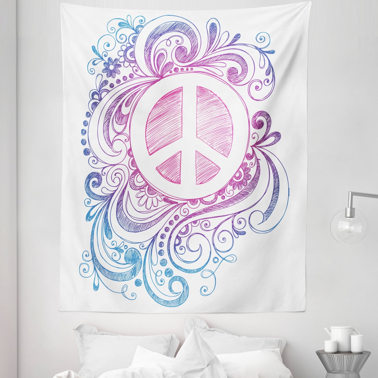 Groovy Tapestry, Classic Hand Drawn Style Peace Sign and Swirls Freedom ...