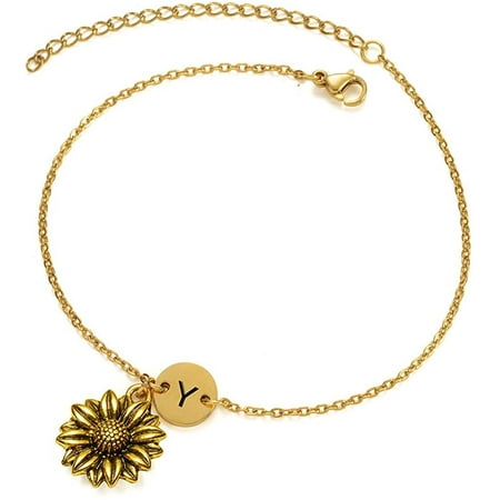 Gold Sunflower Charm Chain Bracelet You are My Sunshine Monogram ...
