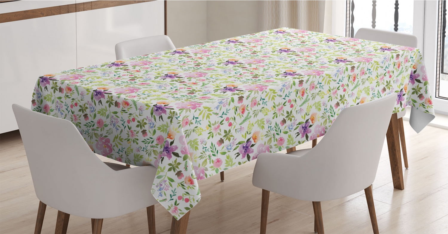 Watercolor Tablecloth, Various Flowers Flourishing Spring Meadow Gentle ...