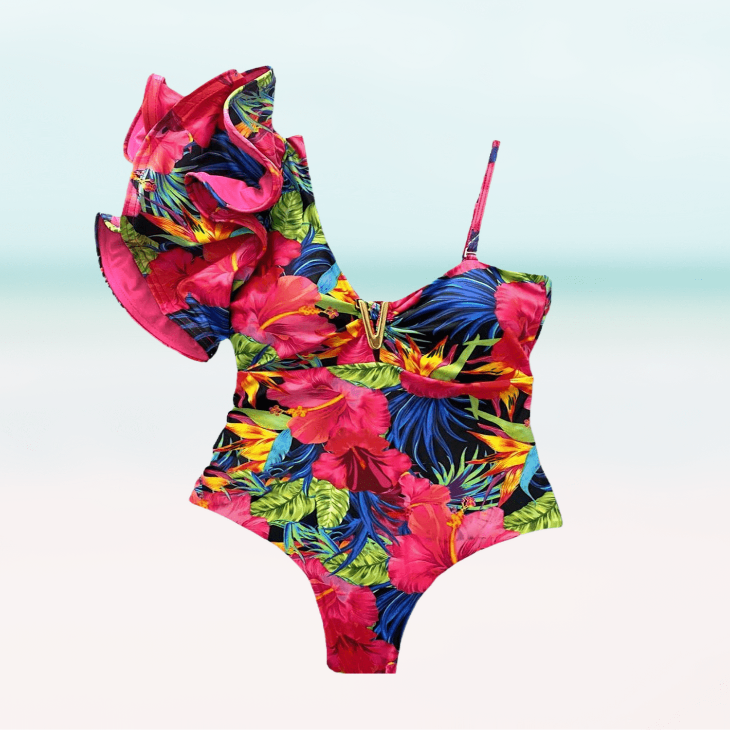 Meloriaswim's One Piece, Ruffled Shoulder Sleeve, Tropical Multi Color ...