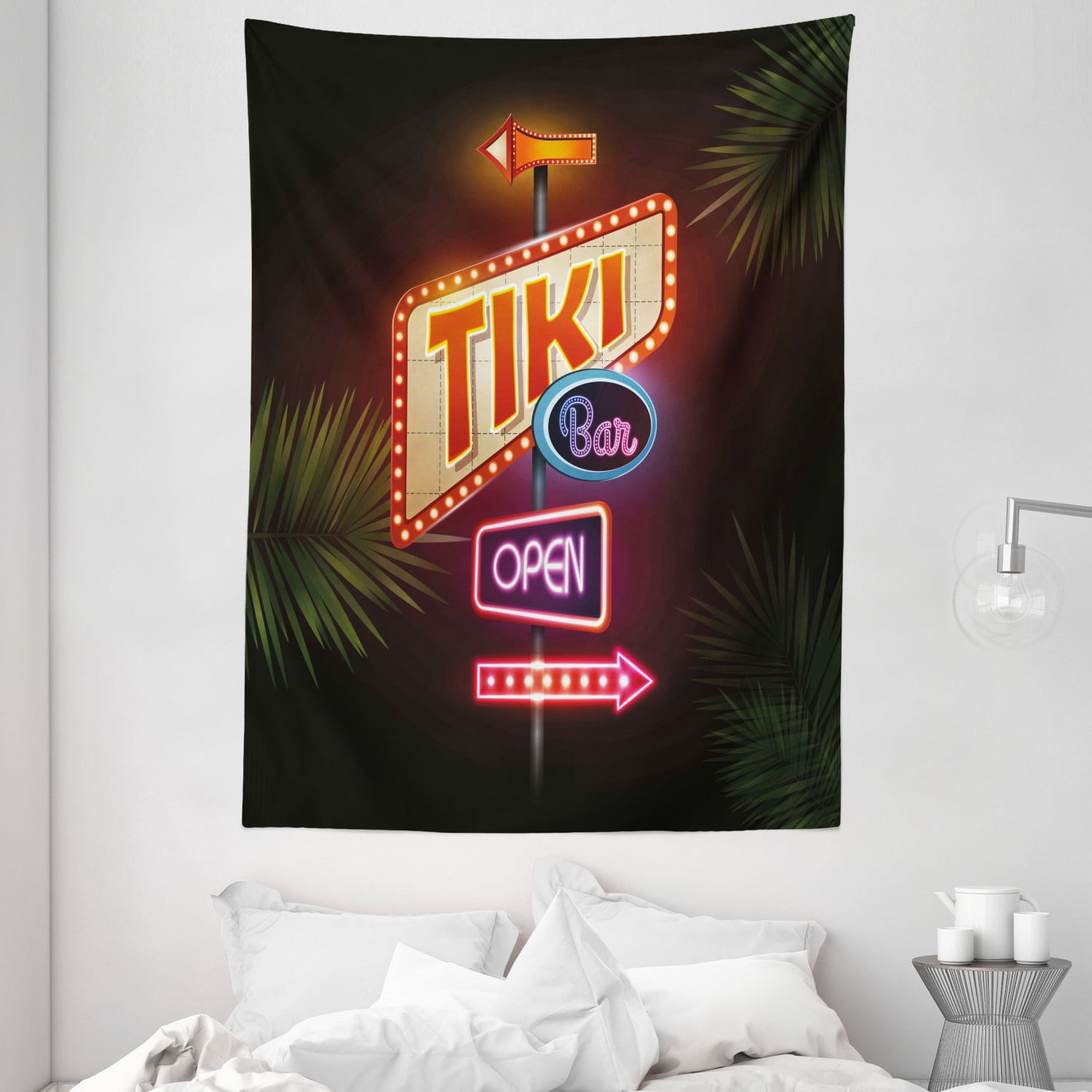 Tiki Bar Decor Tapestry, Old Fashioned Neon Signs Illustration Open Bar ...