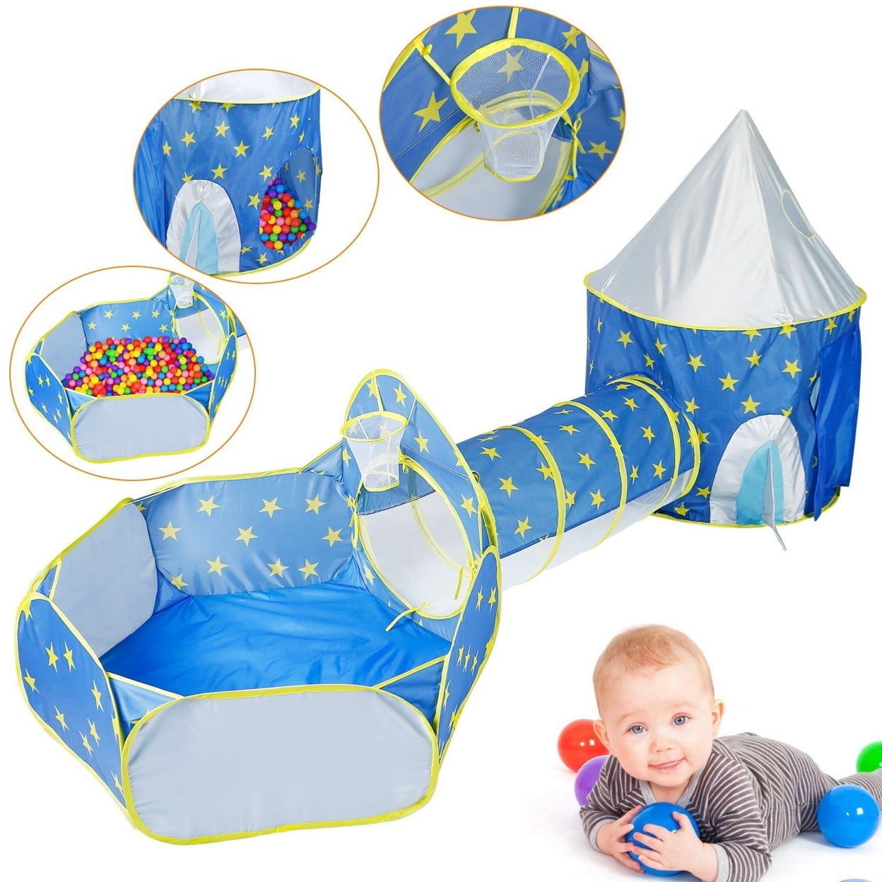 3 In 1 Child Crawl Tunnel Tent Kids Play Tent Ball Pit Set Foldable ...