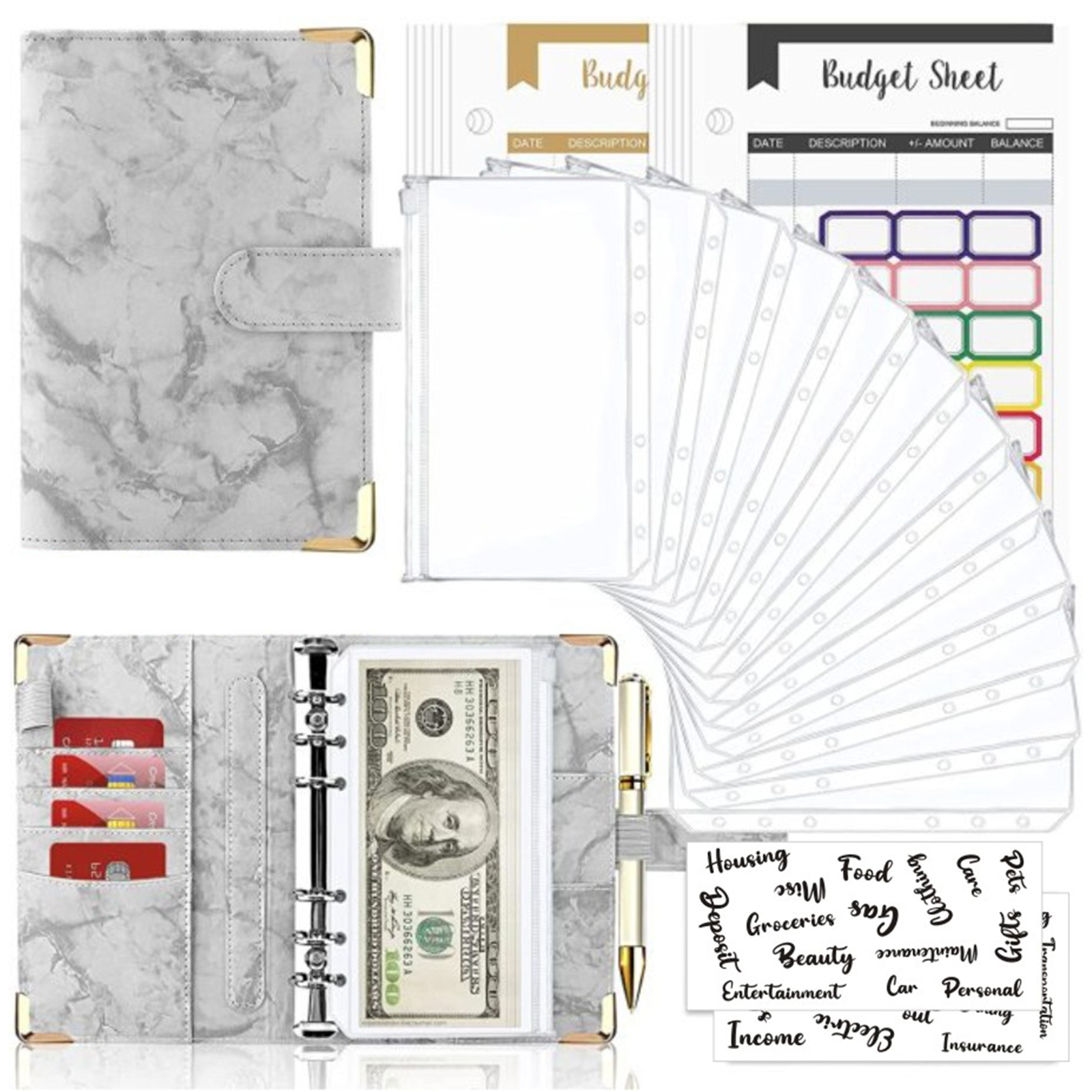Garhelper Marble A6 Binder Budget Sheets Cash Envelopes Notebook Gift ...