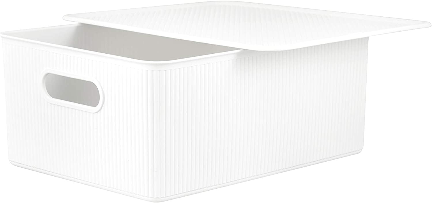 Superio 15L Medium White Ribbed Storage Bin with Lid, Plastic Storage ...