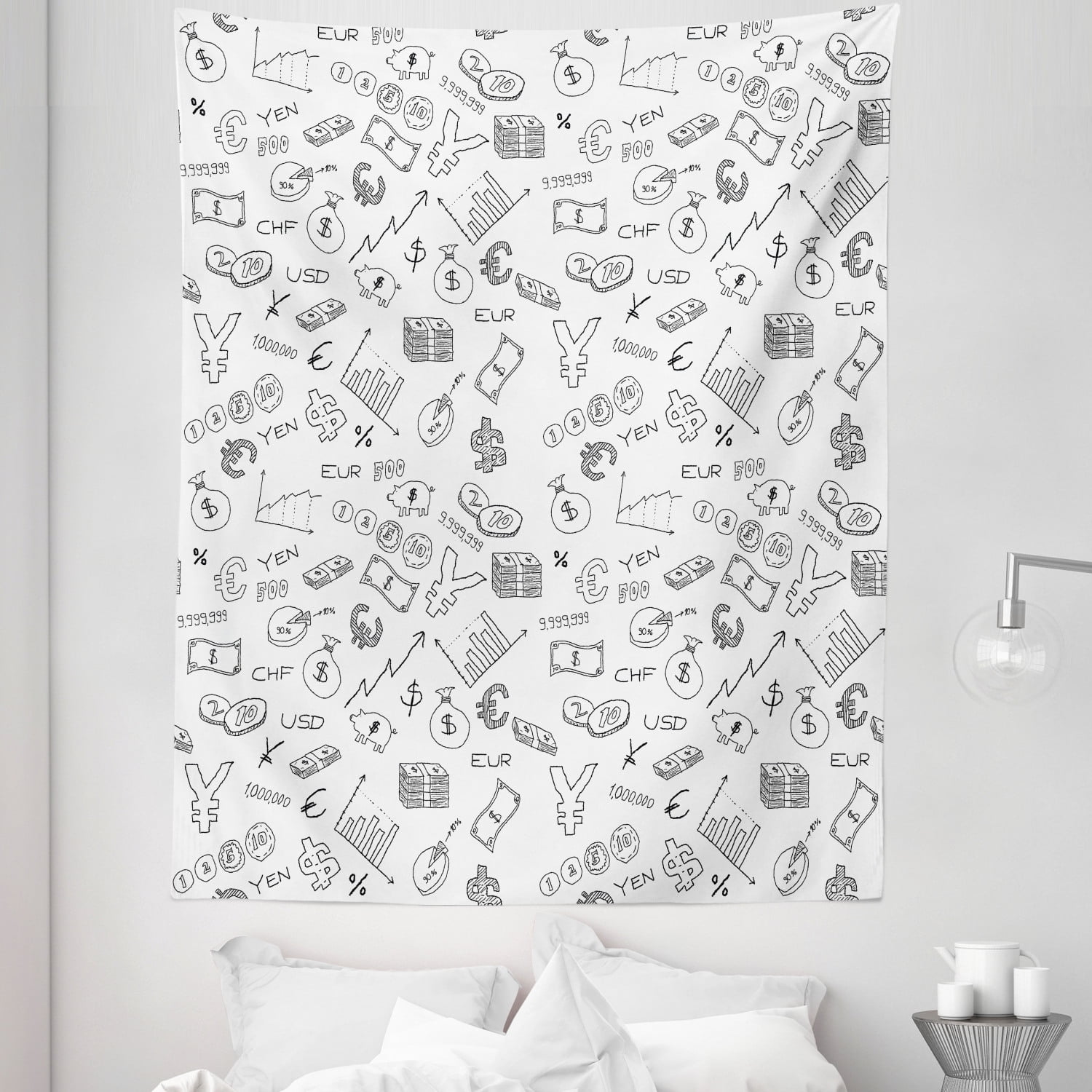 Money Tapestry, Monochrome Pattern with Euro Dollar Yen Coins Piggy ...