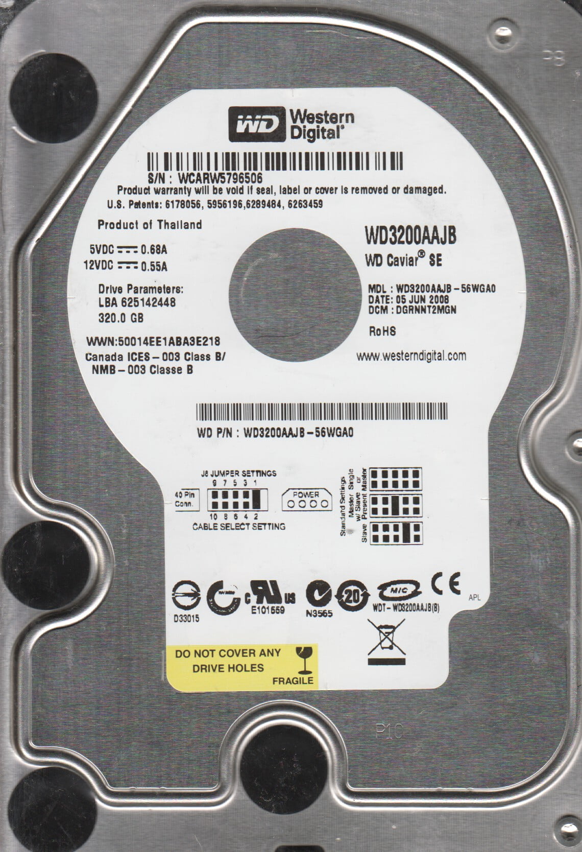 WD3200AAJB-56WGA0, DCM DGRNNT2MGN, Western Digital 320GB IDE 3.5 Hard ...