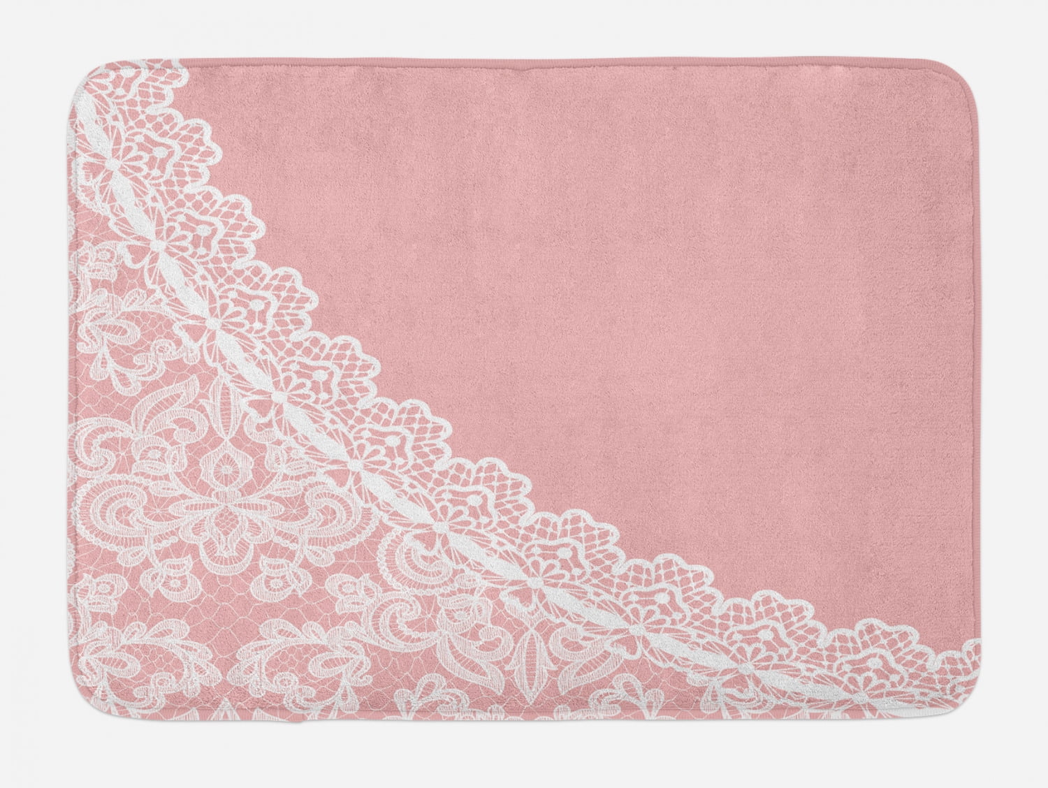 Pink and White Bath Mat, Lace Old Fashioned Border on Pink Color ...