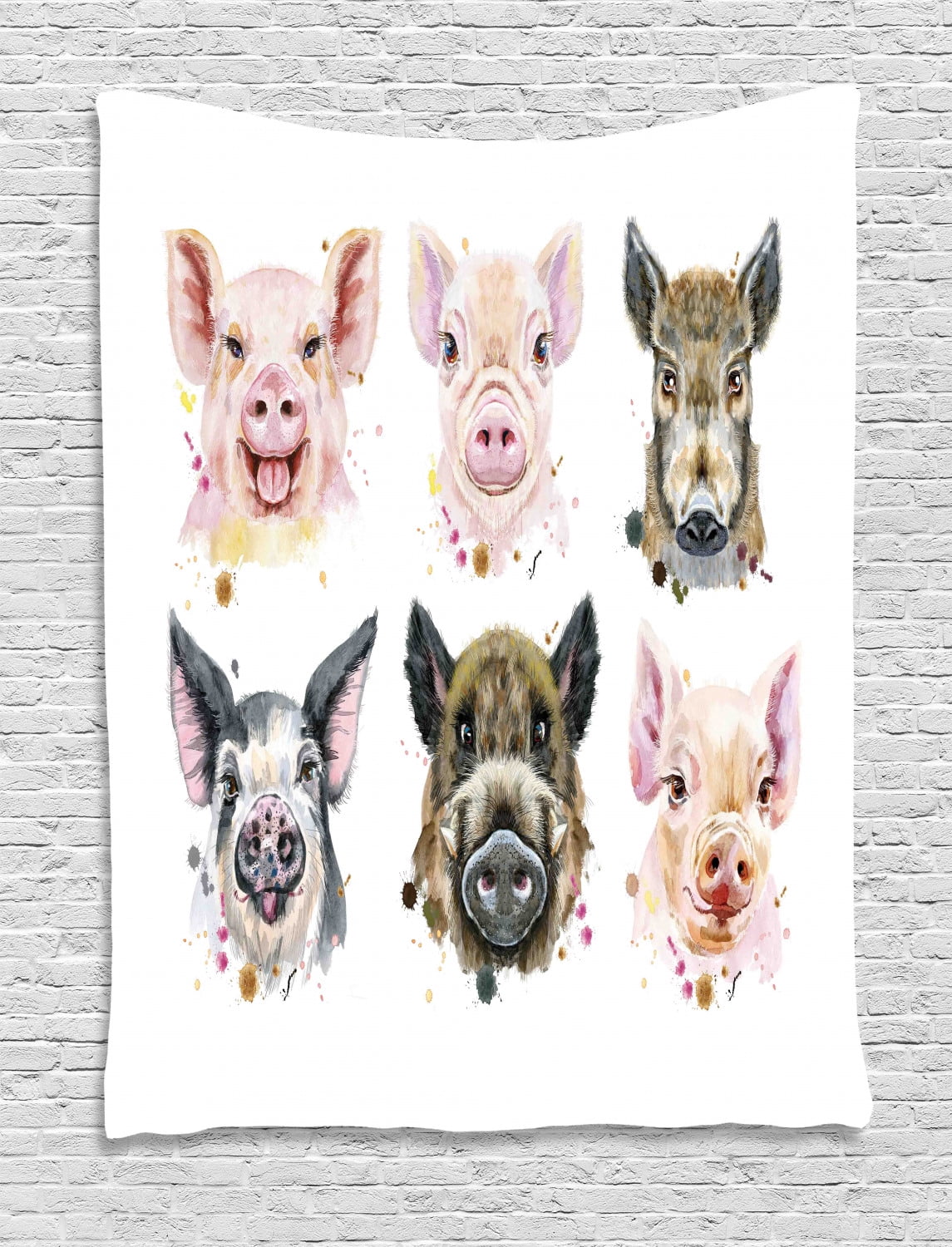 Farm Animal Tapestry, Artistic Boar Piglet Graphic of Sweet Breeds of ...