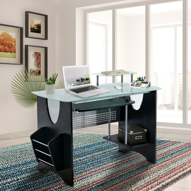 Techni Mobili Multifunction Glass Top Computer Desk - Espresso ...