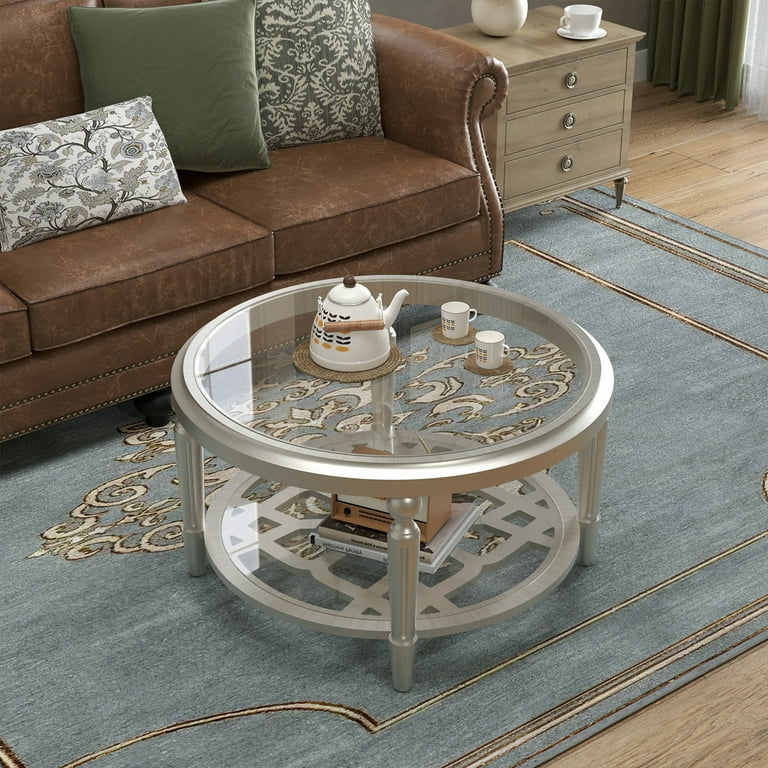 COSIEST Home Modern Round Champagne Glass Coffee Table with Shelf for Livingroom Size 32D x 32W x 18H Gold