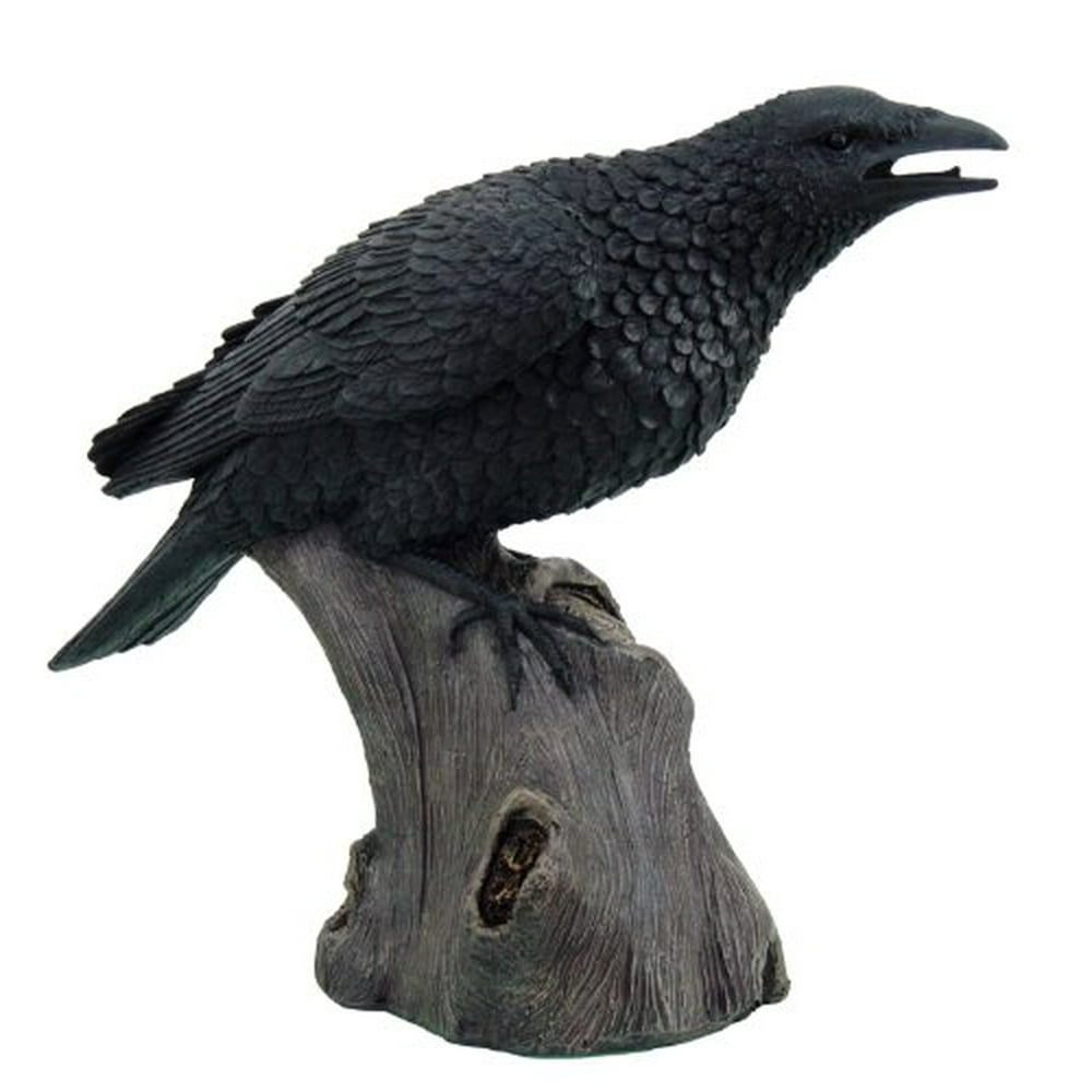 Large 14" Tall Black Raven Crow Bird on Tree Stump Statue Figurine ...