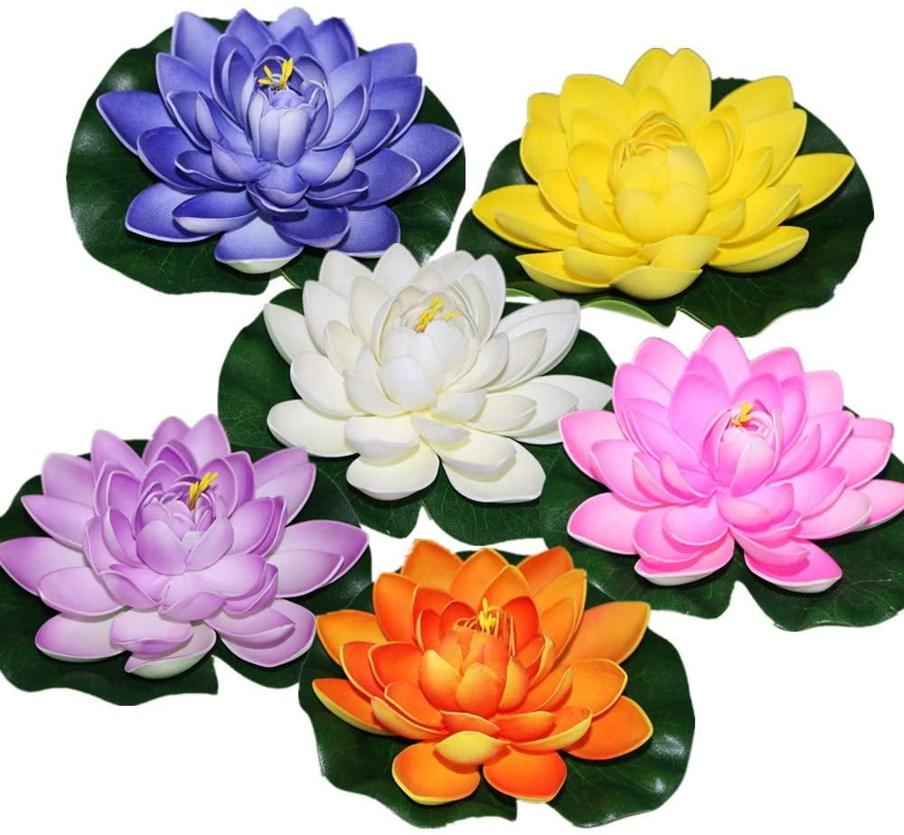 （Pack of 6）Artificial Floating Lotus Flowers Mix Color Water Lily Pads ...