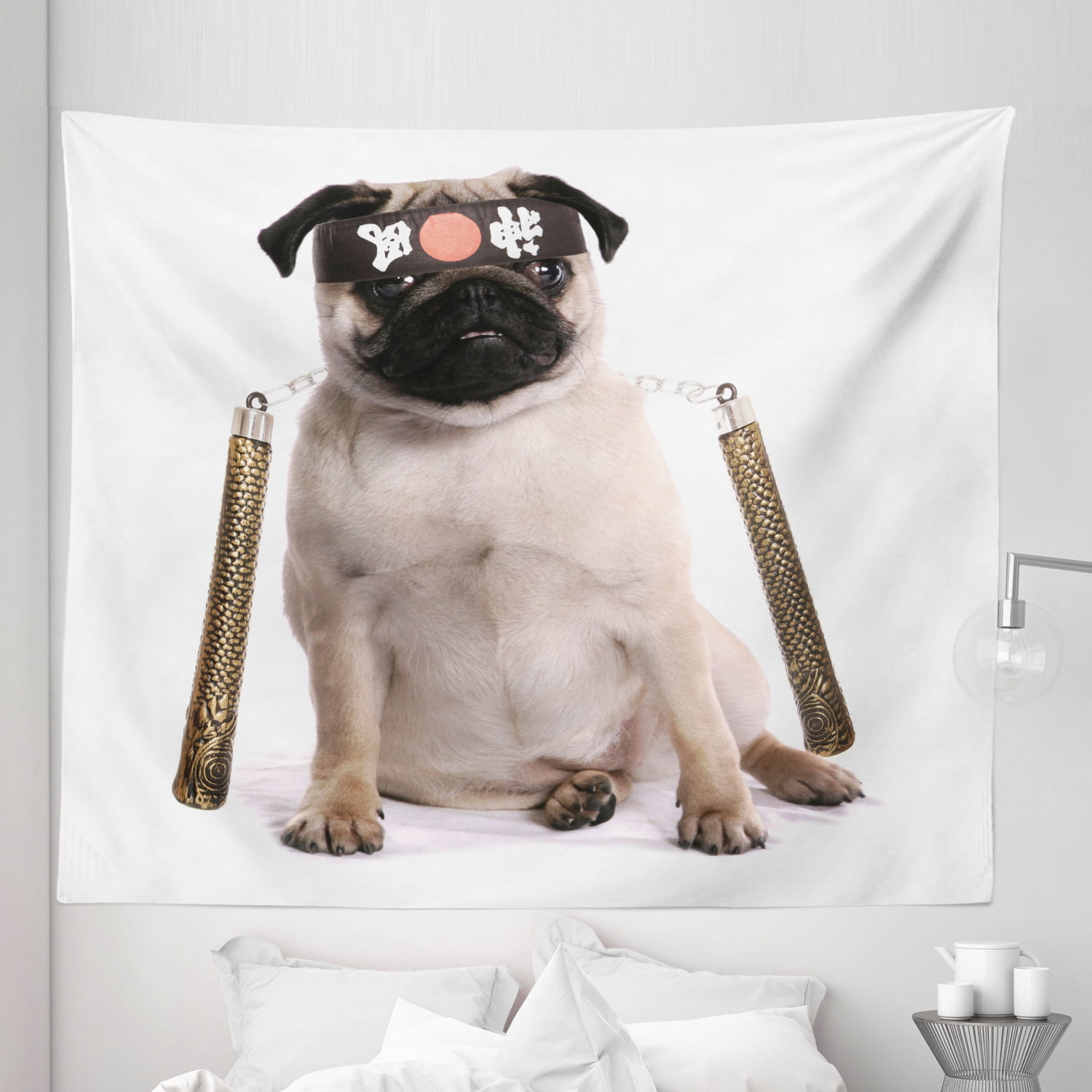 Pug Tapestry, Ninja Puppy with Nunchuk Karate Dog Animal Eastern ...