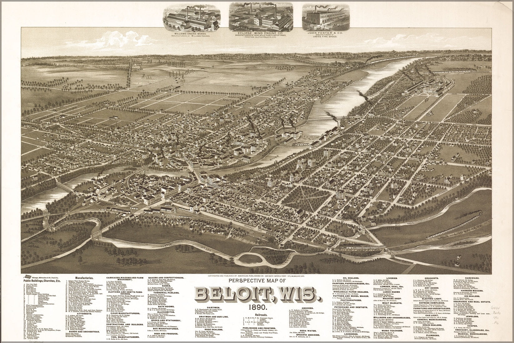 24"x36" Gallery Poster, birdseye view map of Beloit, Wisconsin 1890 ...