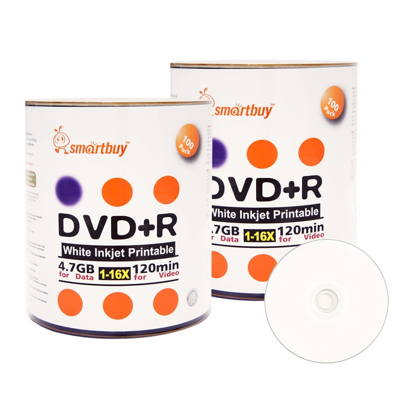 200 Pack Smartbuy 16X DVD+R DVDR 4.7GB White Inkjet Hub Printable Data Video Blank Recordable ...