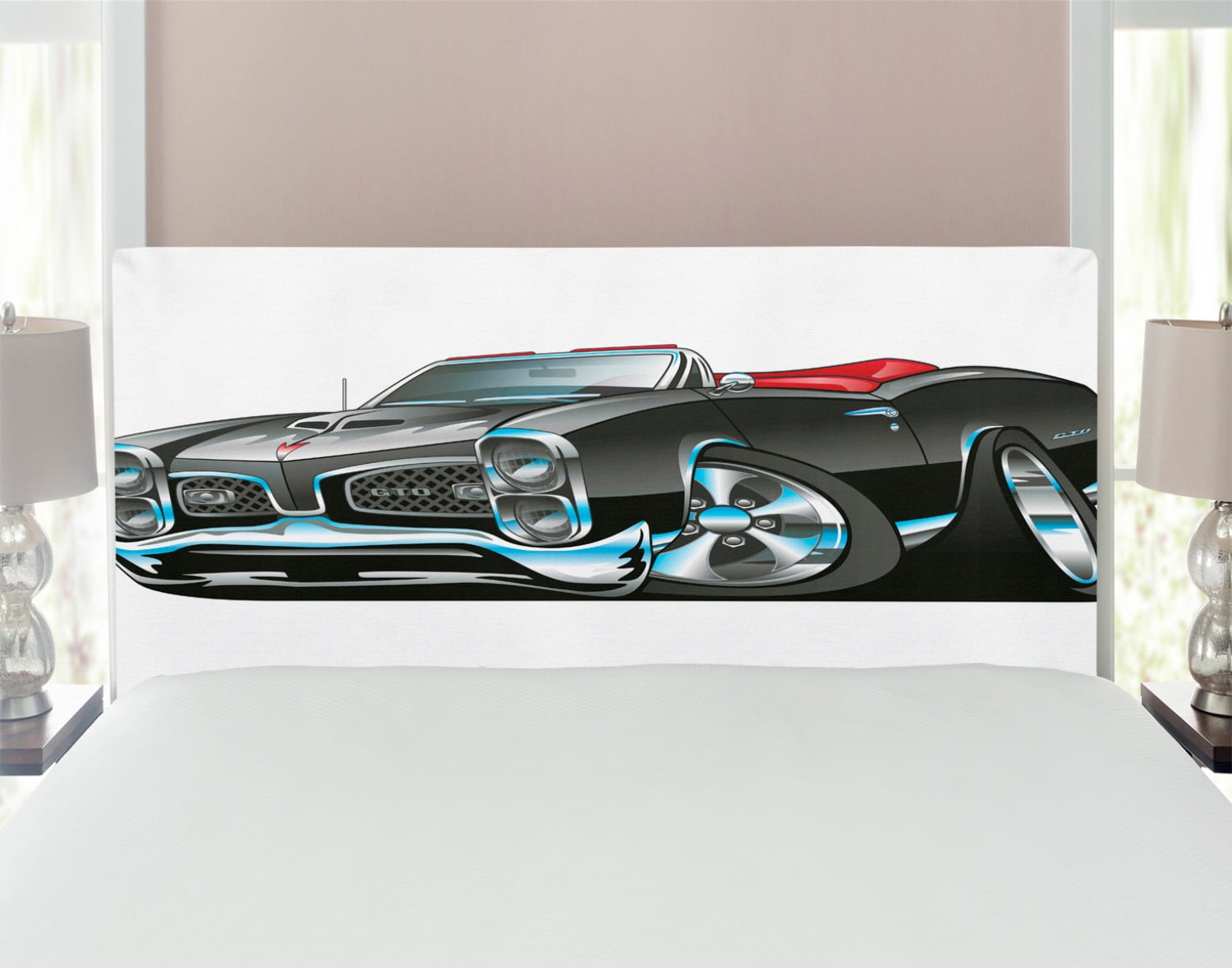 Cars Headboard, American Nostalgic Sports Muscle Car with Speeding ...