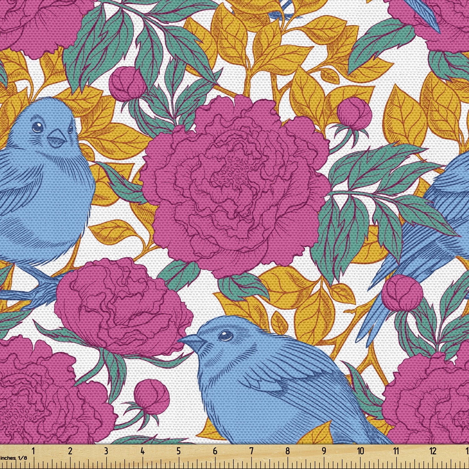 Bird Fabric by the Yard, Spring Peony Blossoms Leaves Print in Vibrant ...