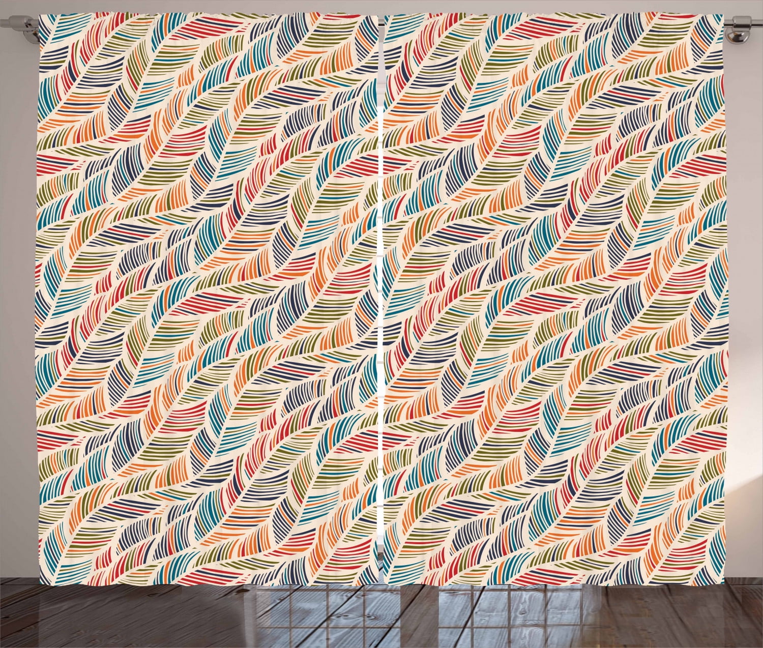 Boho Curtains 2 Panels Set, Abstract Feather Wave Pattern with Retro ...