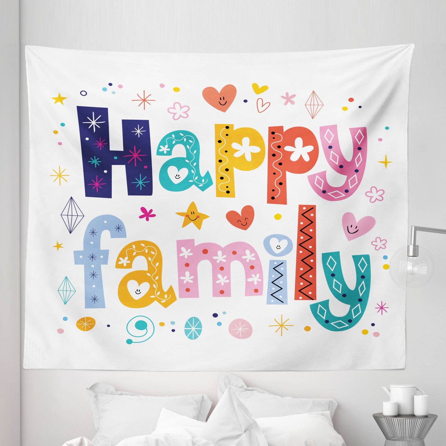 Colorful Tapestry, Happy Family Letters with Flowers Hearts Stars Dots ...