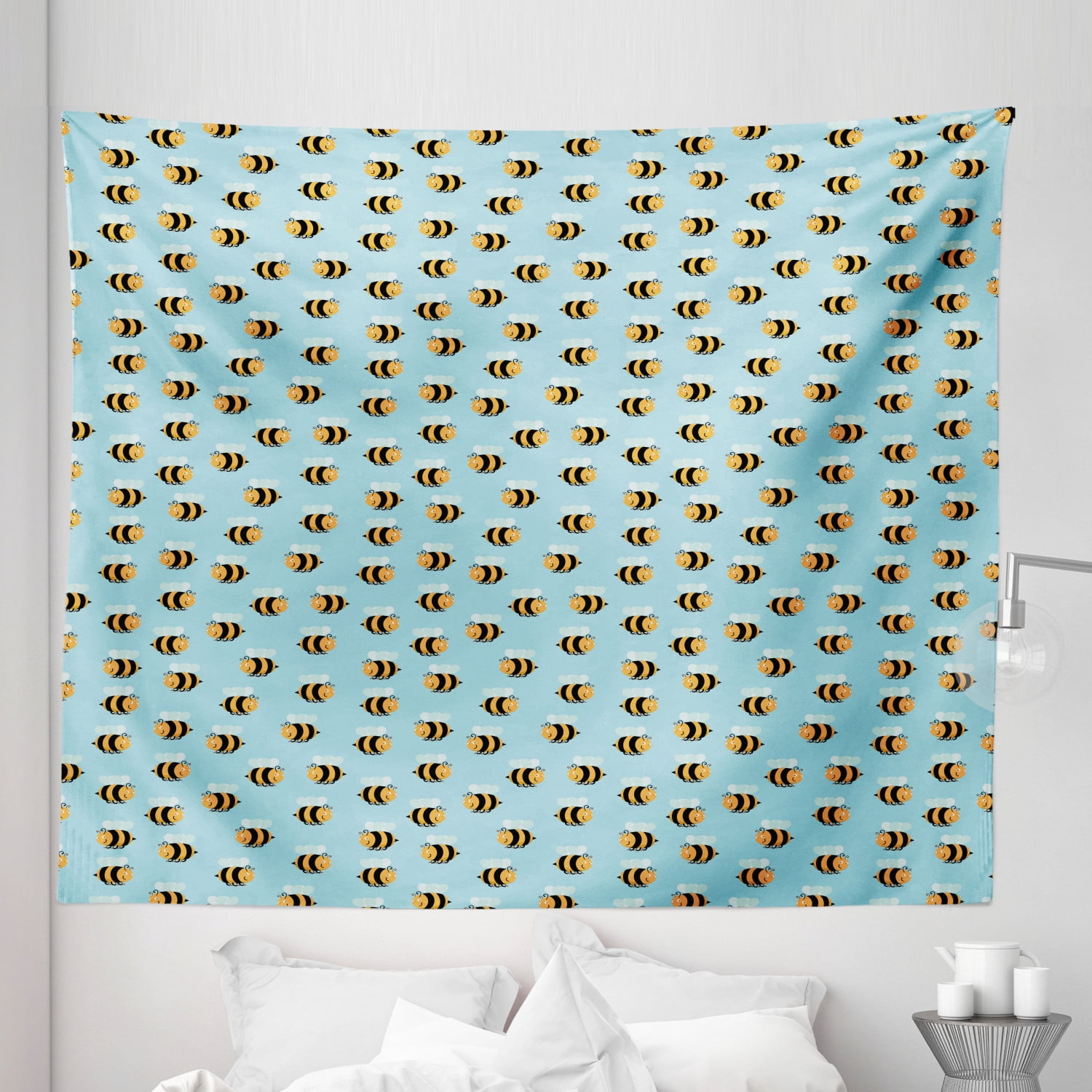 Queen Bee Tapestry, Striped Characters with Wings Smiling Cheerfully ...