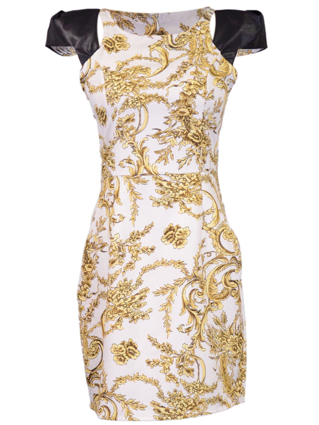 Joyce Clothing Gold Royal Print White Mini Dress With Faux Leather Cap ...