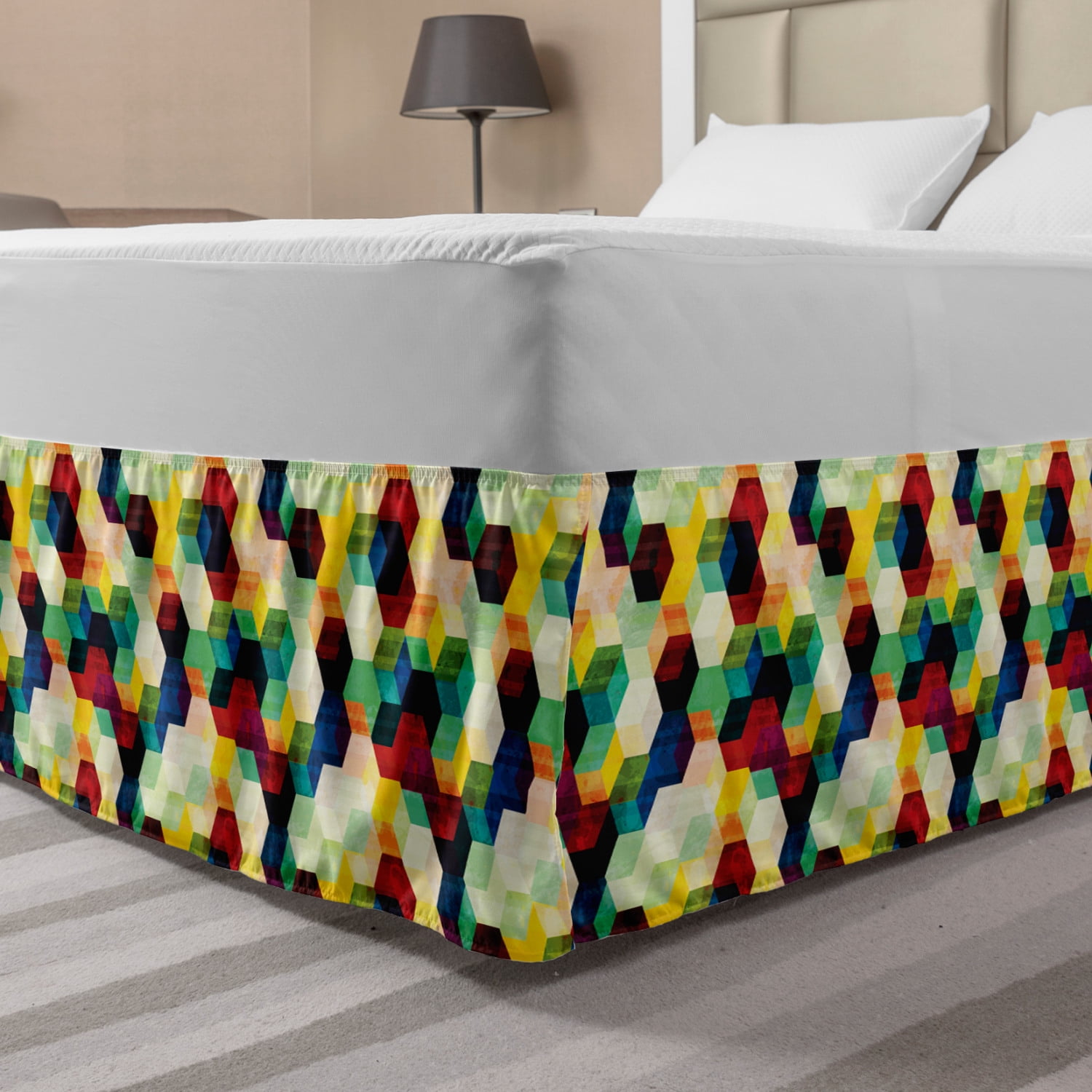 Vintage Bed Skirt, Rhombus Pattern Grunge Effect Hexagonal Pattern ...