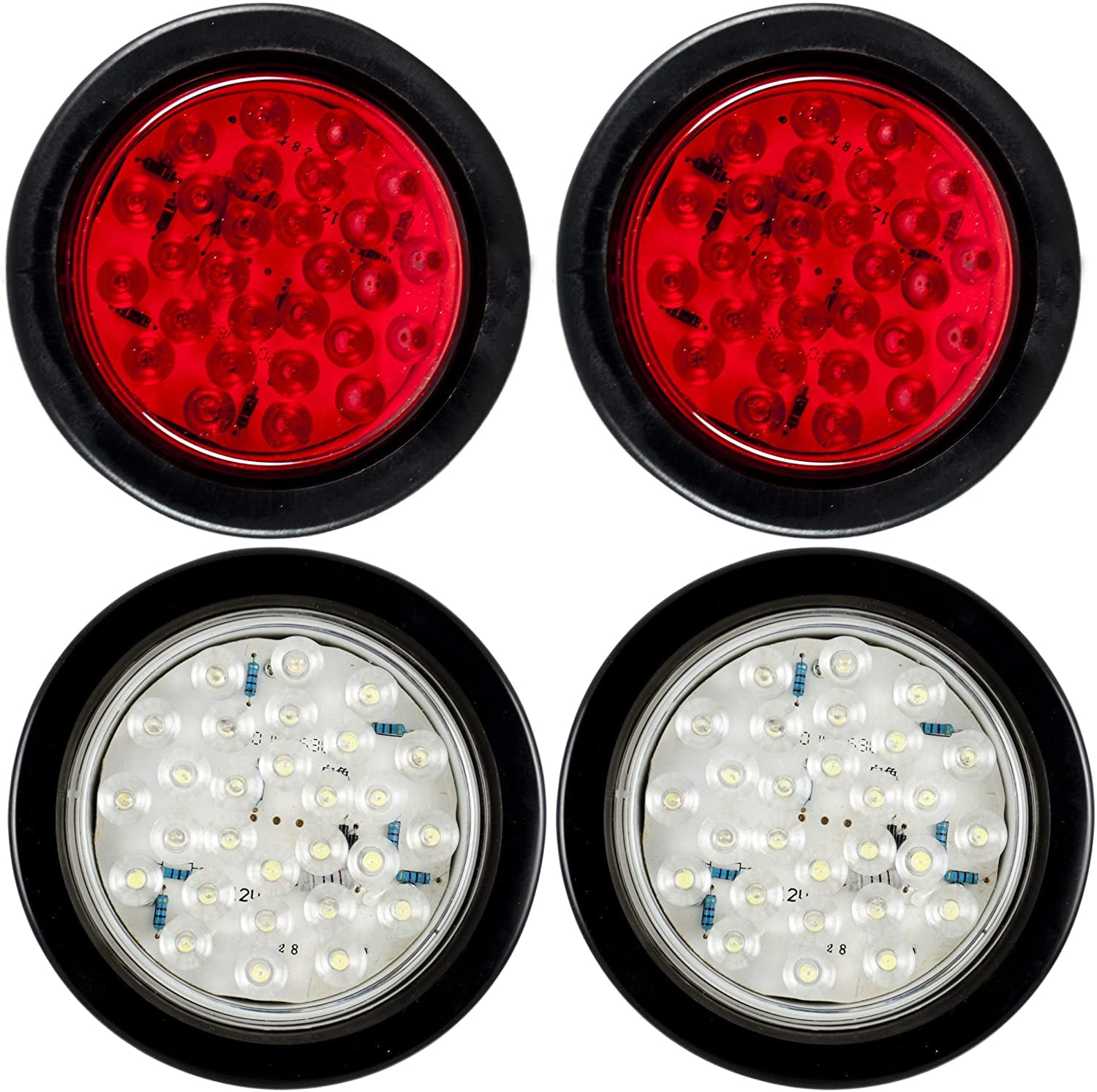 Qty 2 Red + Qty 2 White: 4" Inch Red/White 28 LED Round Stop/Turn/Tail ...