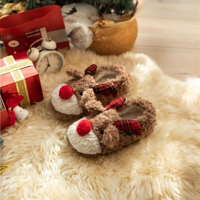 Christmas Slippers Reindeer Slippers for Women and Men Elk Animal Holiday Slipper Cute Xmas Moose Slippers Indoor Bedroom Fluffy Cartoon Warm Fleece
