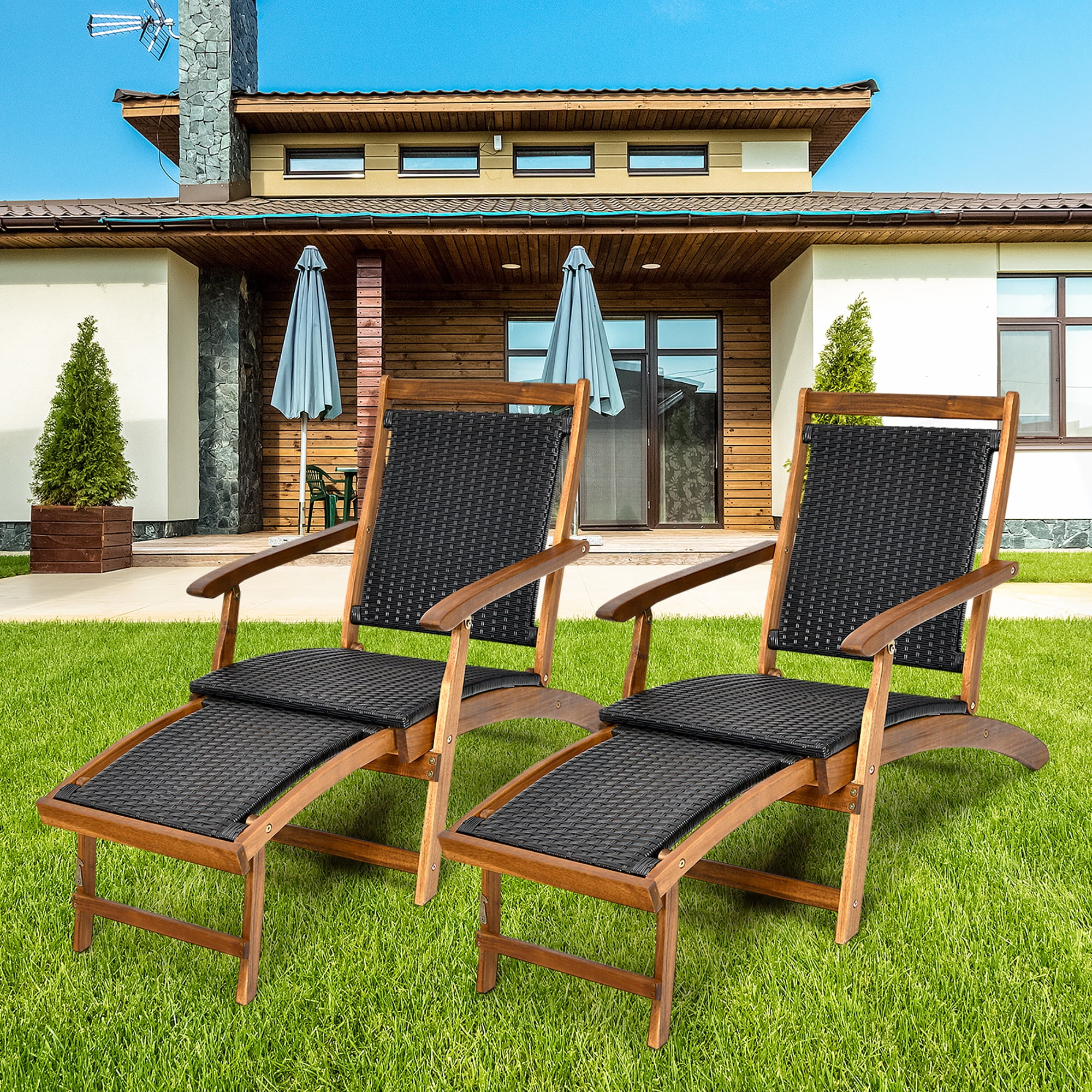 Click here for Costway 2pcs Patio Folding Rattan Lounge Chair Woo... prices